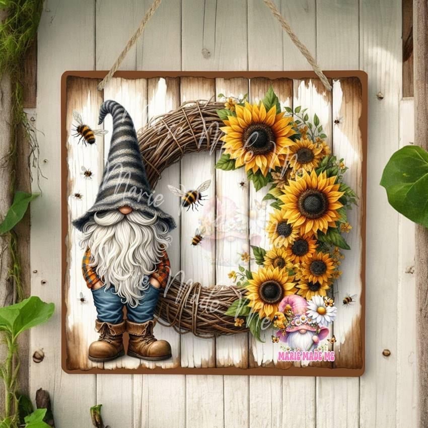 Rustic gnome sunflowers wreath sign | Marie Made Me